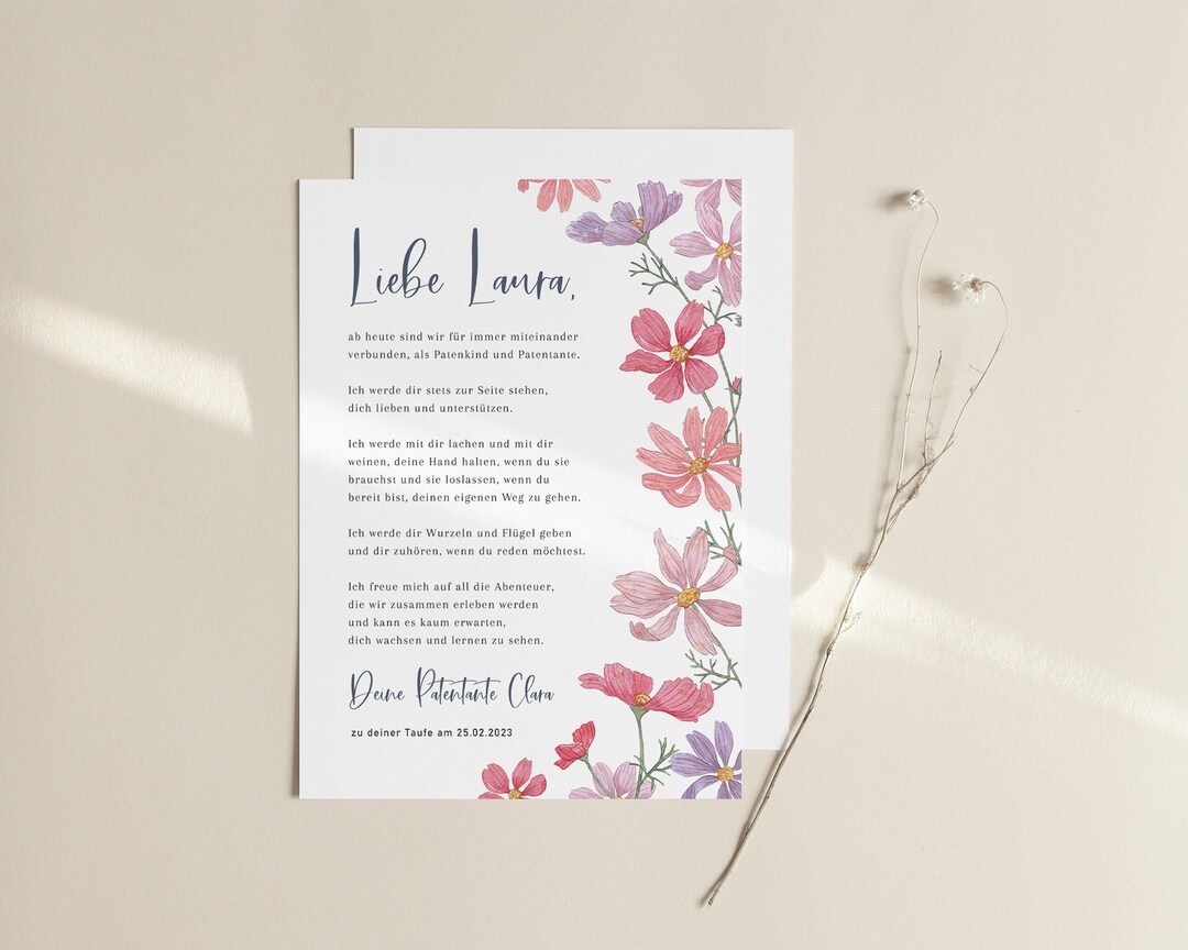 Letter to Godchild for Baptism / Baptismal Letter Cosmea / Baptism Gift ...