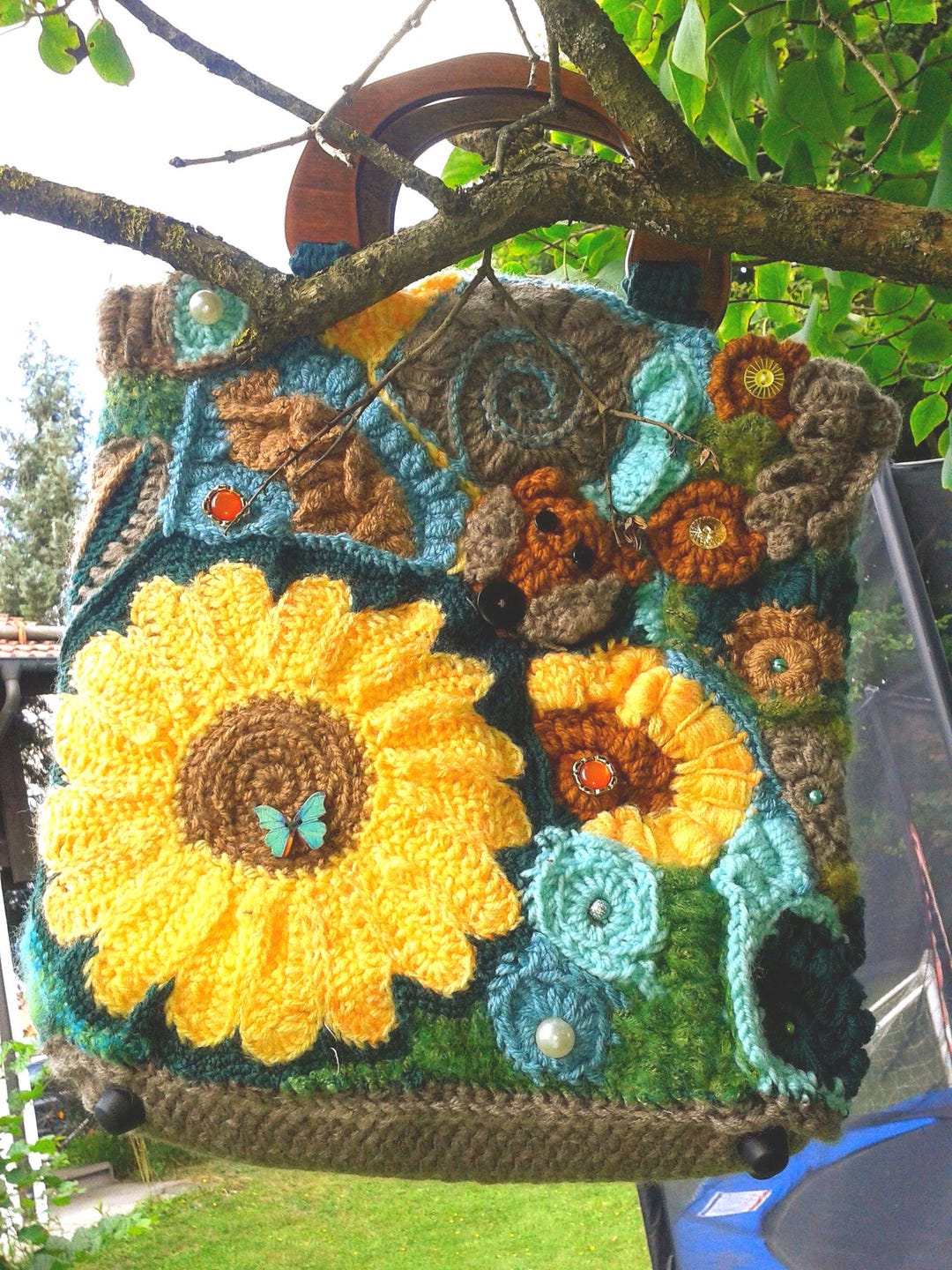Freeform Crocheted Tote Bag With Beads and Buttons, Wooden Handles ...