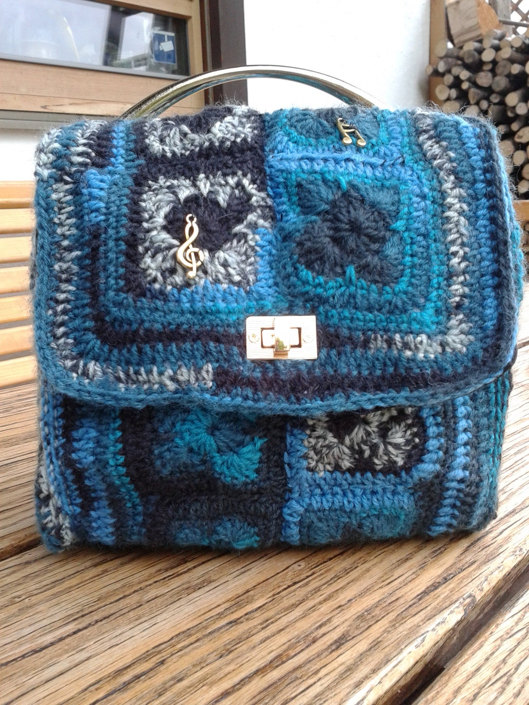 Patchwork Bag Crocheted, Granny Square With Door Handle Treble Clef and ...