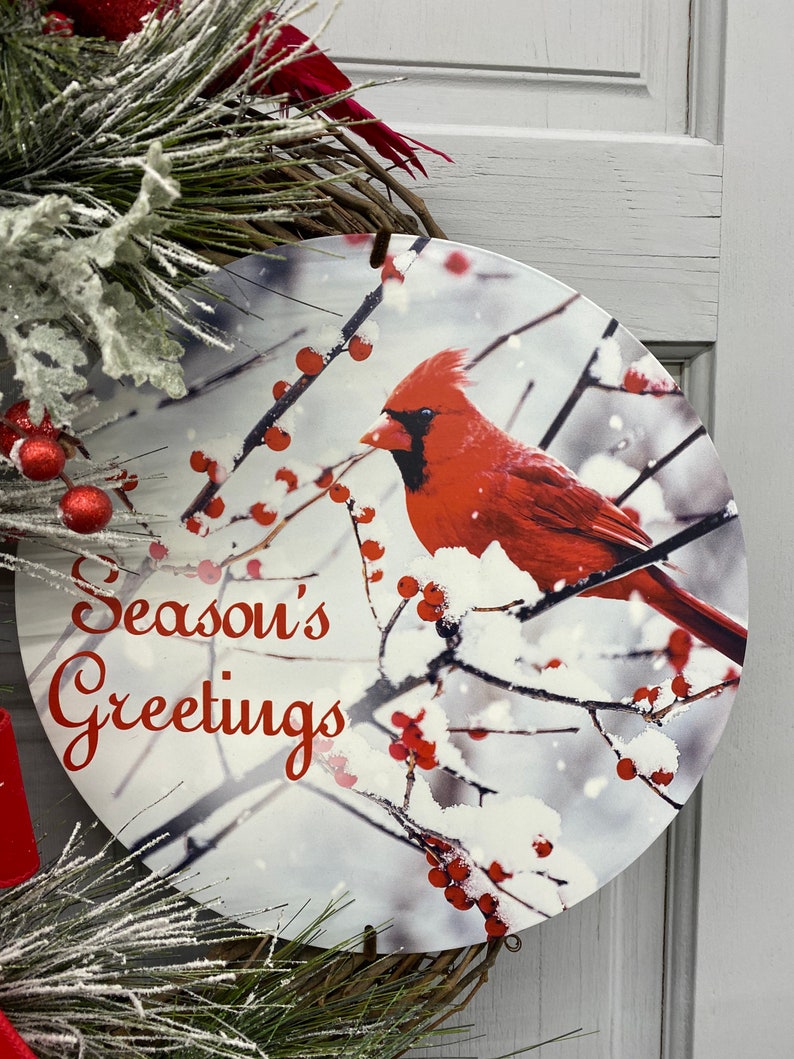 Red Cardinal Seasons Greetings Holiday Wreath for Front - Etsy