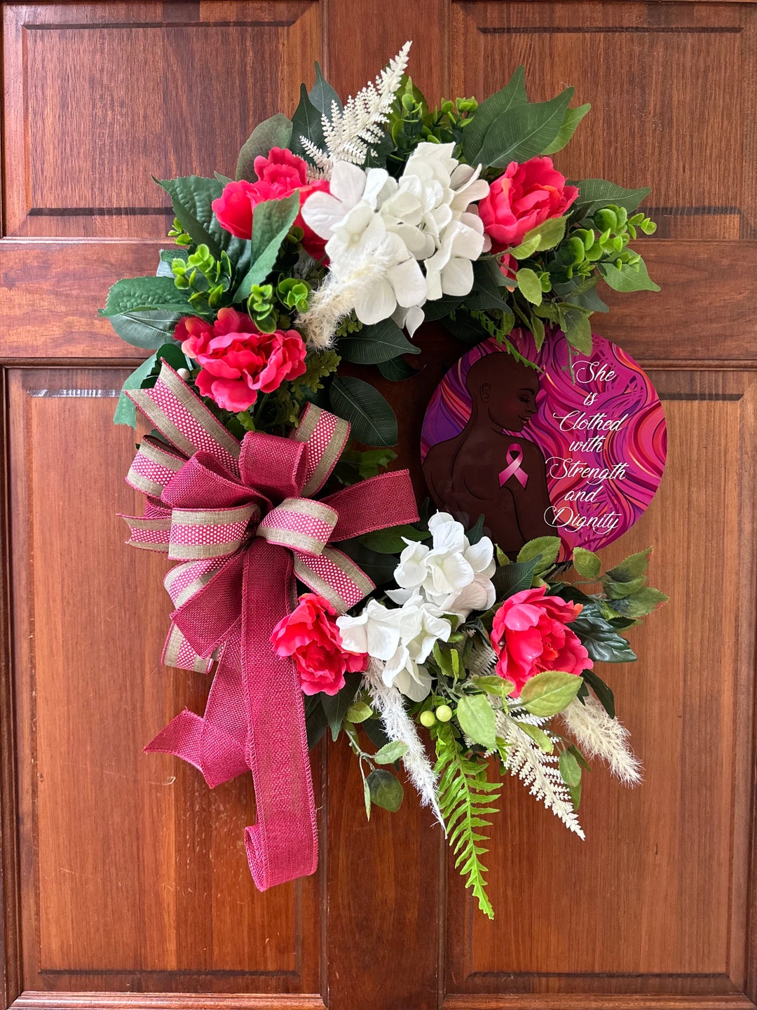 Hydrangea Breast Cancer Awareness Wreath for Front Door, All Season ...