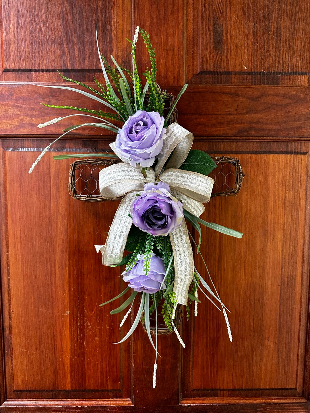 Floral Cross Grapevine for Front Door, Grapevine Cross Flower Wreath ...