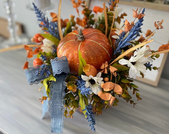 Orange and Blue Fall Pumpkin Arrangement, Plaid Farmhouse Decor for ...