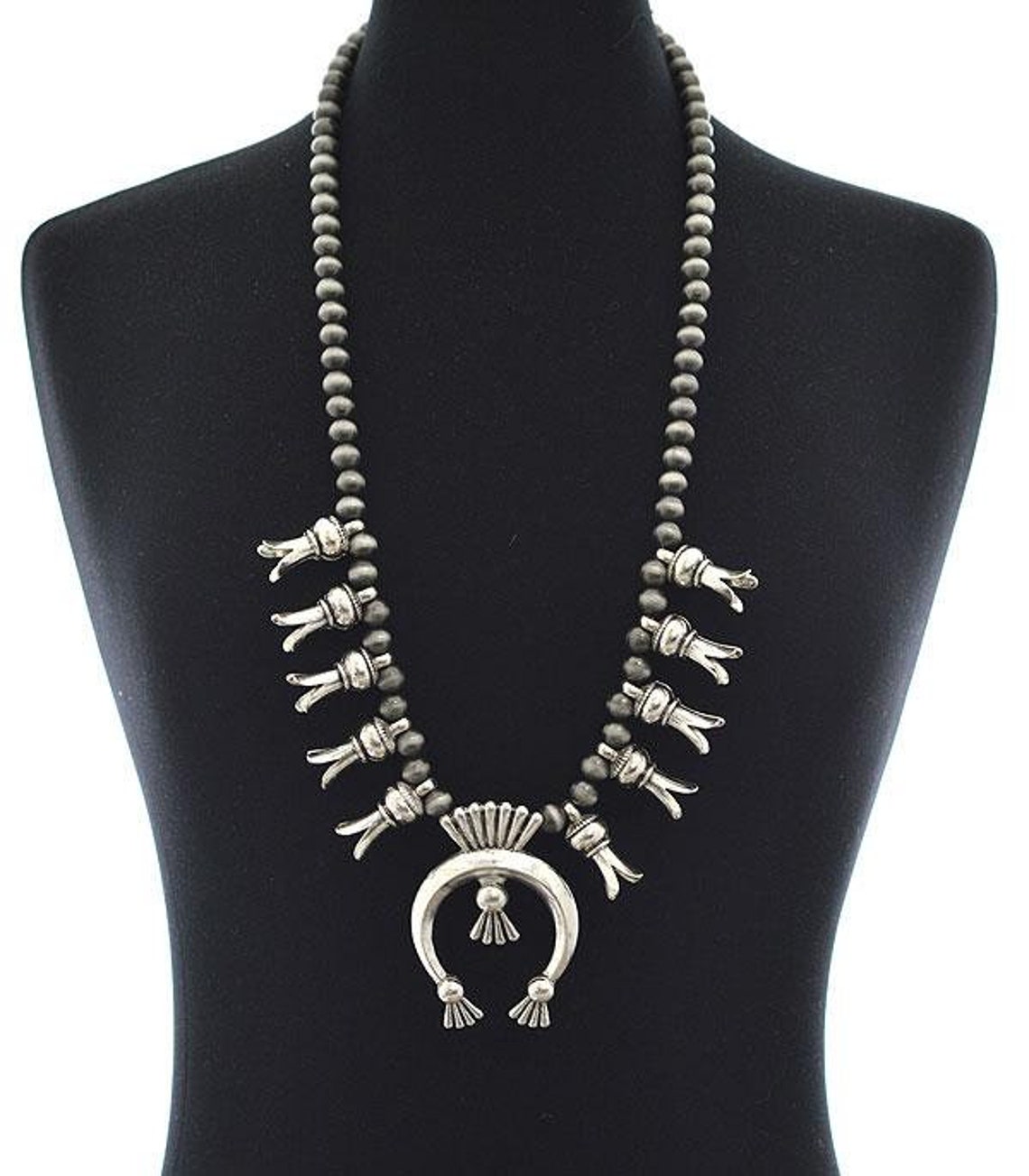 Silver Crown Pendent Squash Blossom Necklace Beaded Chain, Southwest ...