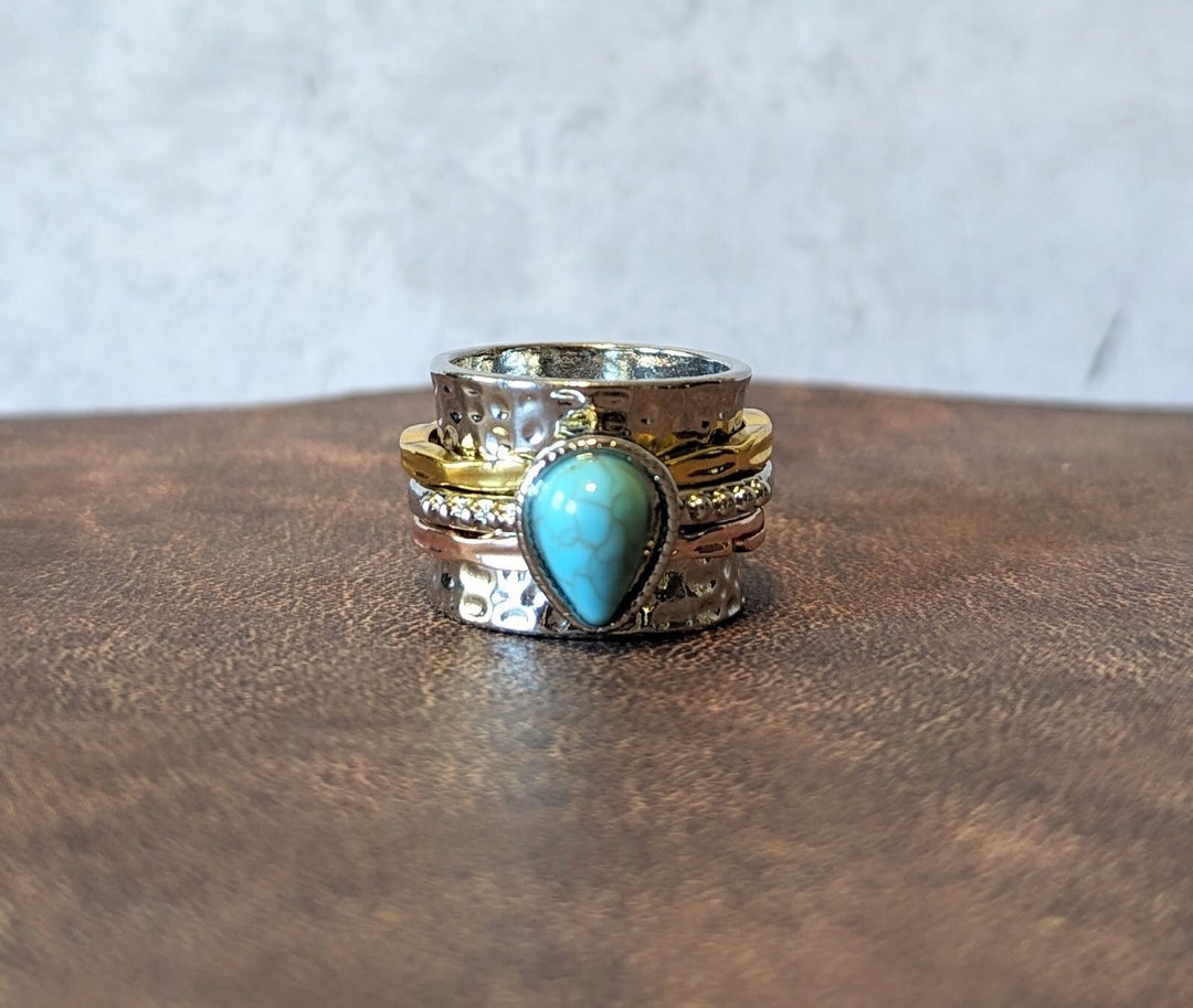 Turquoise Spinner Fidget Wide Band Unisex Ring, Western, Cowgirl ...