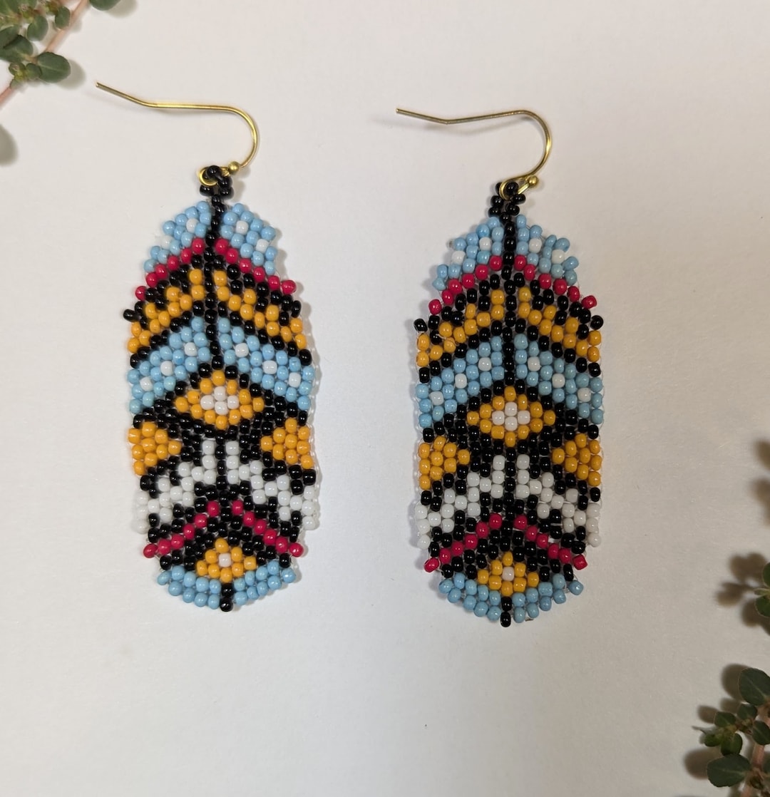 Aztec Seed Bead Dangle Earrings, Native, American, Feather, Vibrant ...