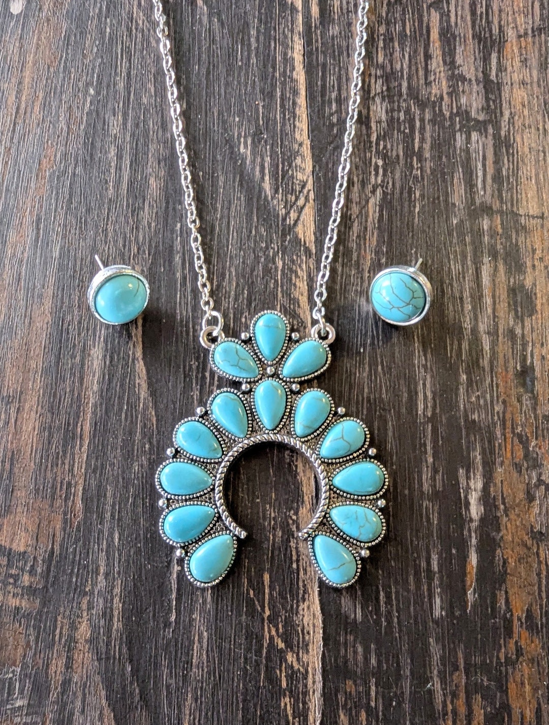 Squash Blossom Turquoise Necklace Set, Chain , 18"long, Post Earrings ...