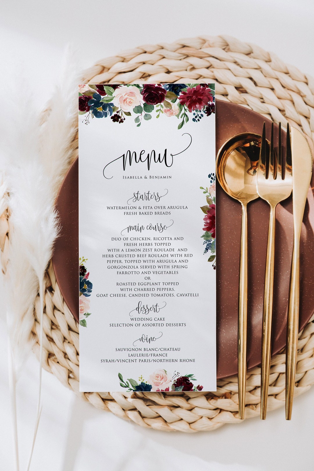 Floral Menu Card Floral Menu Template Burgundy Floral Menu - Etsy