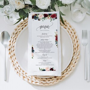 Floral Menu Card Floral Menu Template Burgundy Floral Menu - Etsy