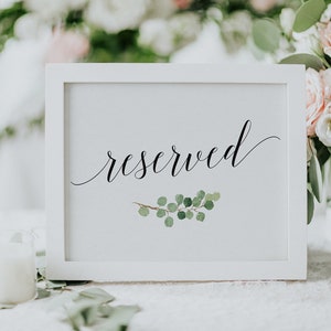 Greenery Reserved Sign, Watercolor Eucalyptus, Reserved Seat Sign ...