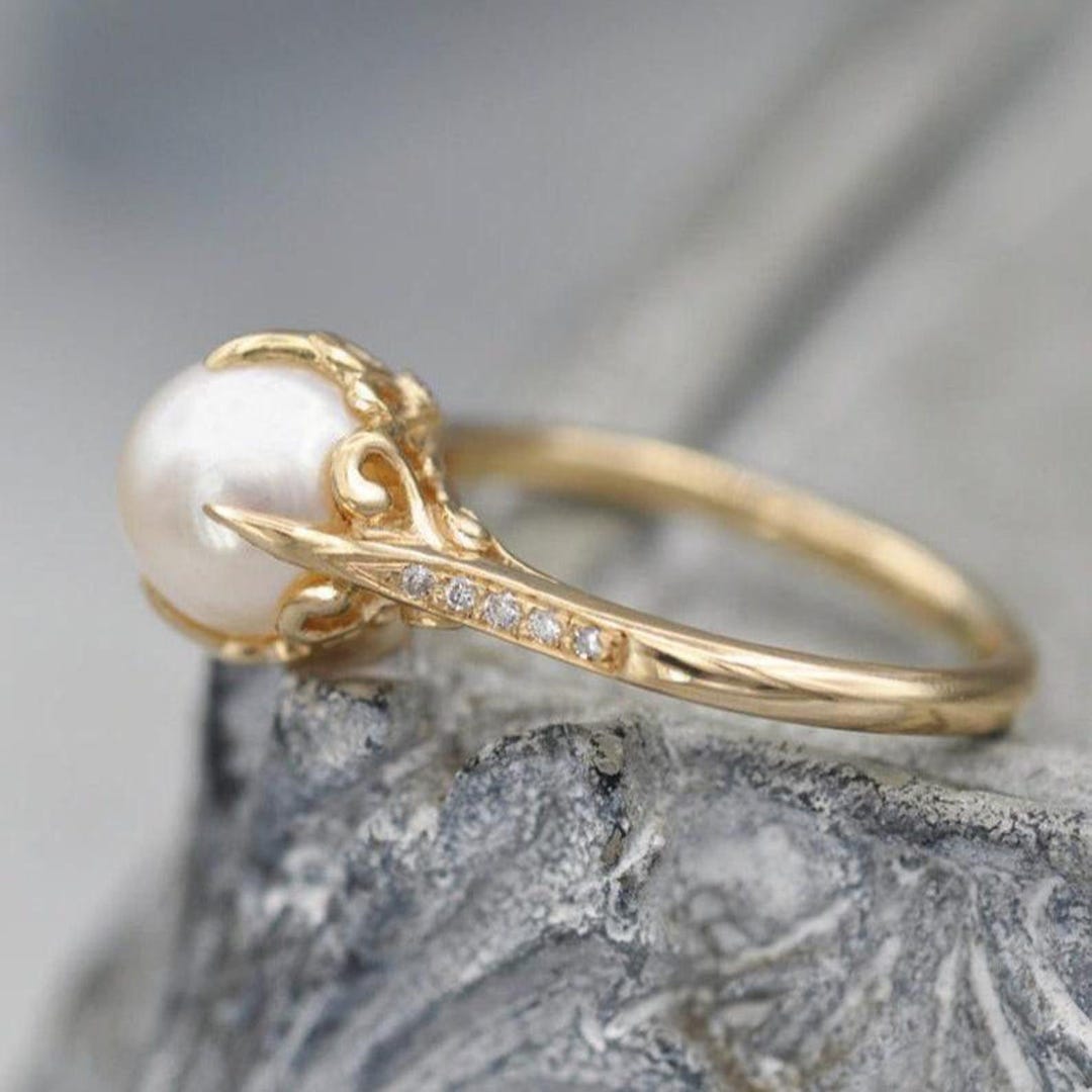 Natural Freshwater Pearl Ring Pearl and Diamond Ring Sterling Silver ...