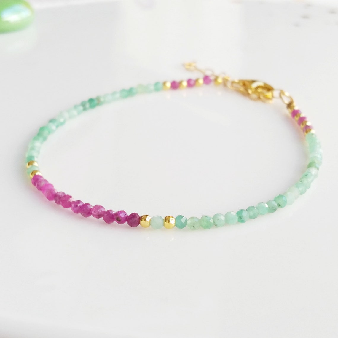 Ruby Emerald Bracelet Gold Filled,dainty Delicate Bracelet,beaded Pink ...