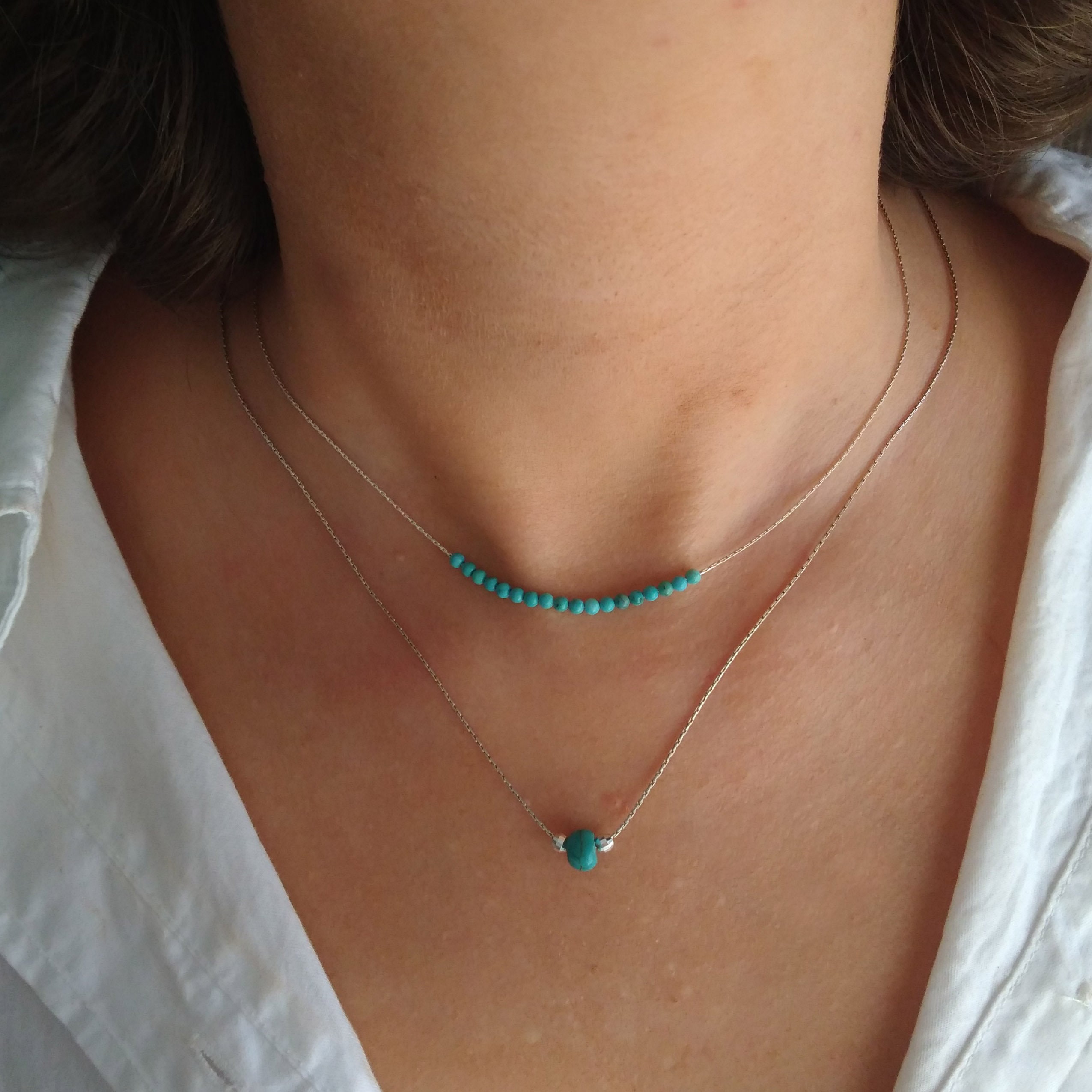 925 Sterling Silver Turquoise Chain Necklaceturquoise Beaded - Etsy