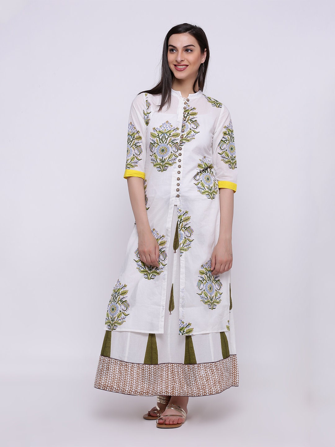 White and Green Hand Block Kurta - Etsy