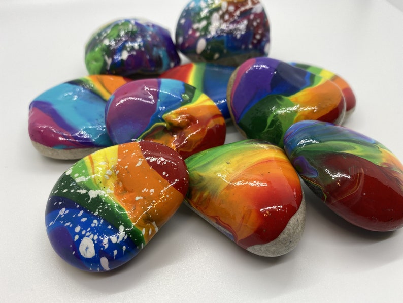 Blue Painted Rocks Set of 10 Liquid Acrylic Poured Rock | Etsy