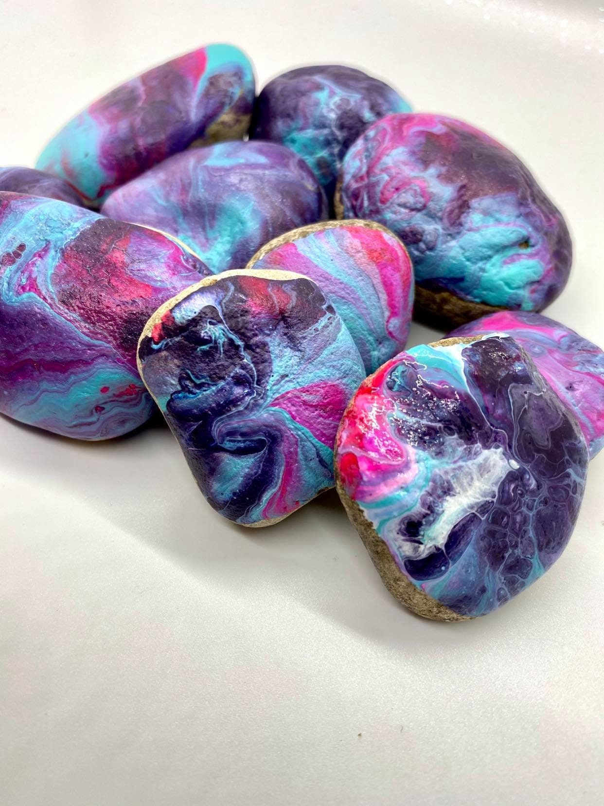 Blue Painted Rocks Set of 10 Liquid Acrylic Poured Rock | Etsy