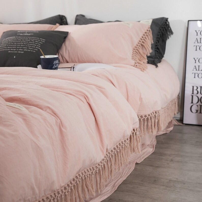 Pink Boho Tassel Cotton Duvet Cover Set 4 Pieces Twin Etsy