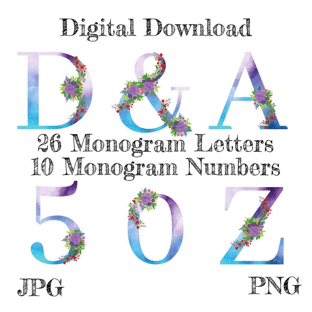Watercolor Floral Alphabet Numbers, Letters, Wedding, Nursery Decor ...