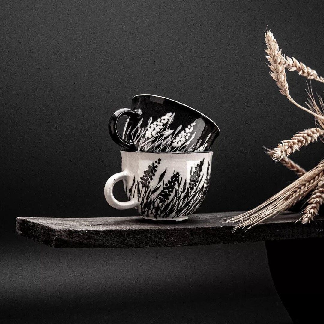 Black and White Wheat Matching Mugs, Nature-inspired Couples Cups ...