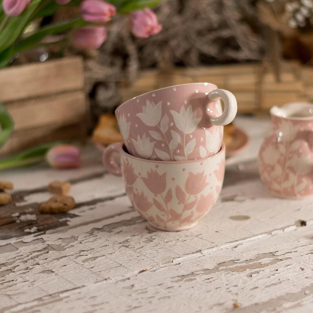 Tulip Ceramic Mug, Handmade Pink Tea Cup, Pink and White Mug, Floral ...