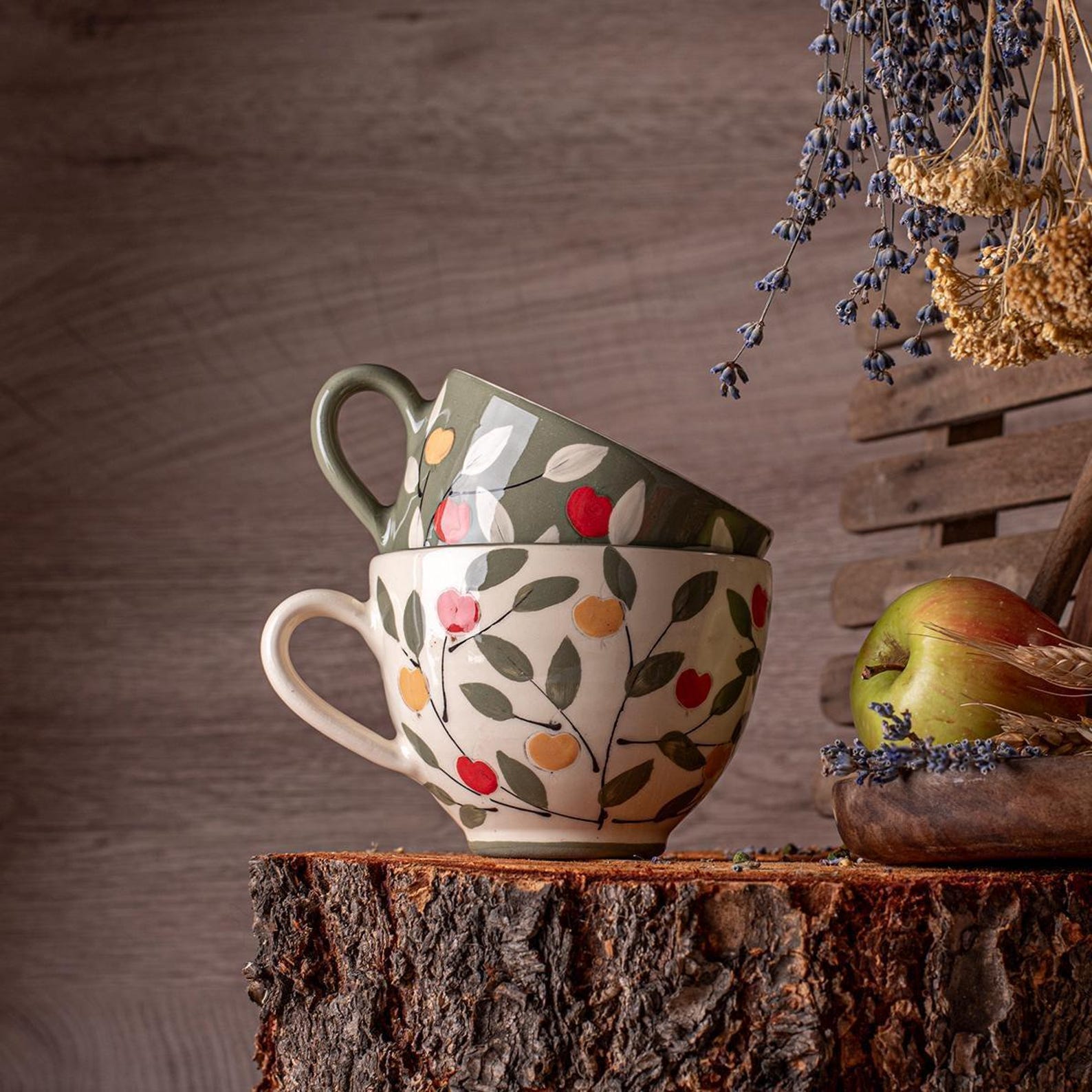 Handmade Apple Mug Set, Green and White Couple Mugs, Unique Hand ...