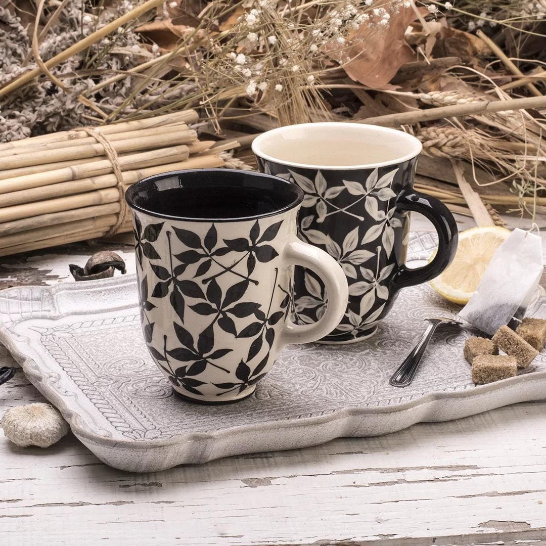 Black & White Large Ceramic Tea Mugs, Elegant Bamboo Design Couple Mugs ...