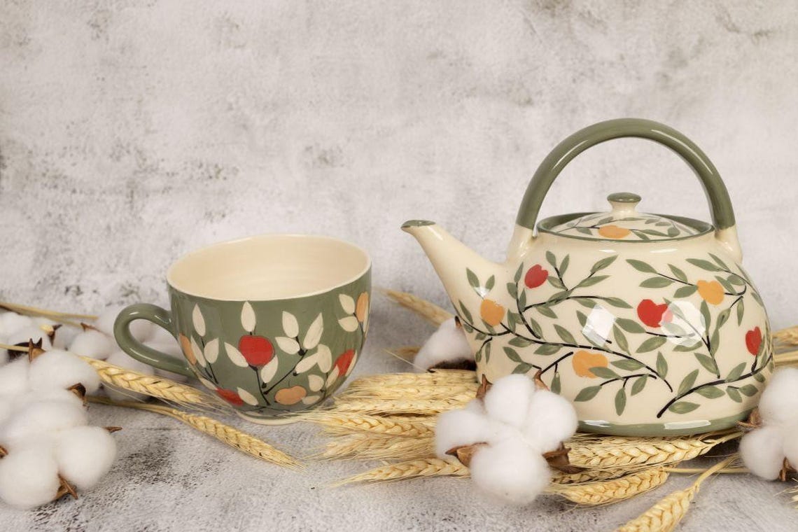 Handmade Apple Mug Set, Green and White Couple Mugs, Unique Hand ...