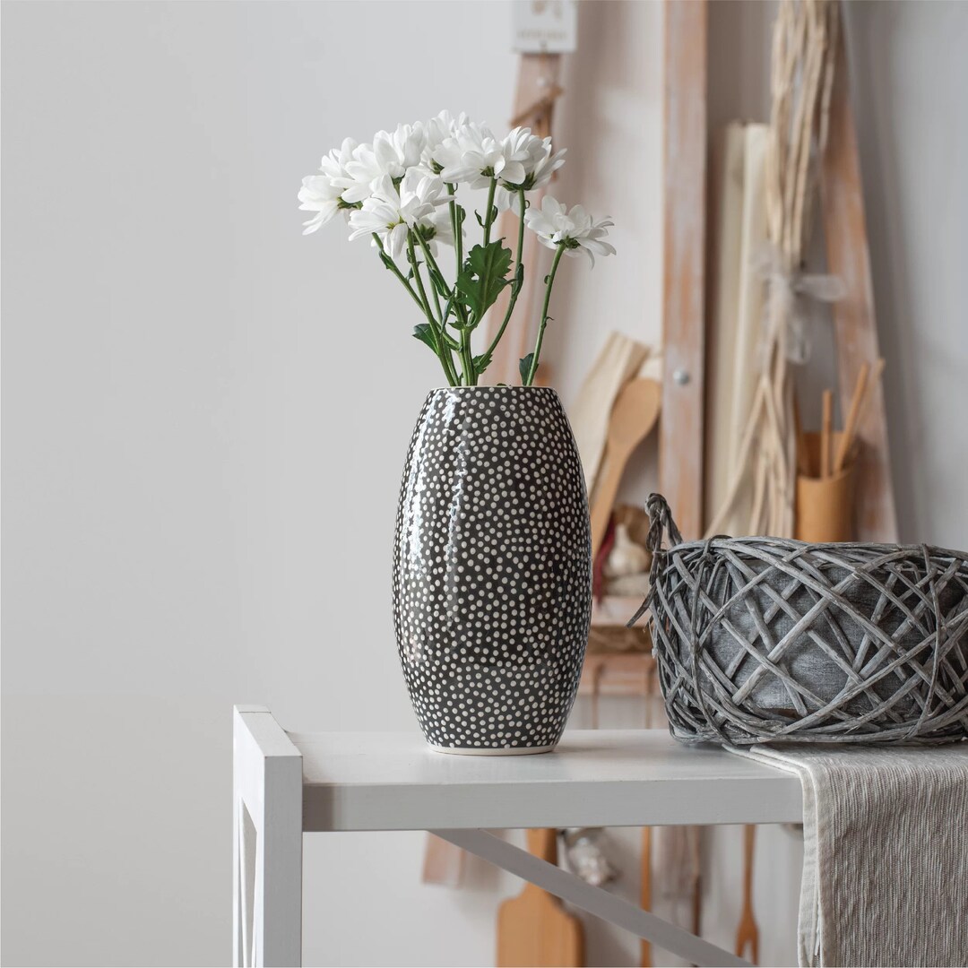 Dotted Vase, Ceramic Vase, Handmade Vase, Pottery Vase, Black and White ...