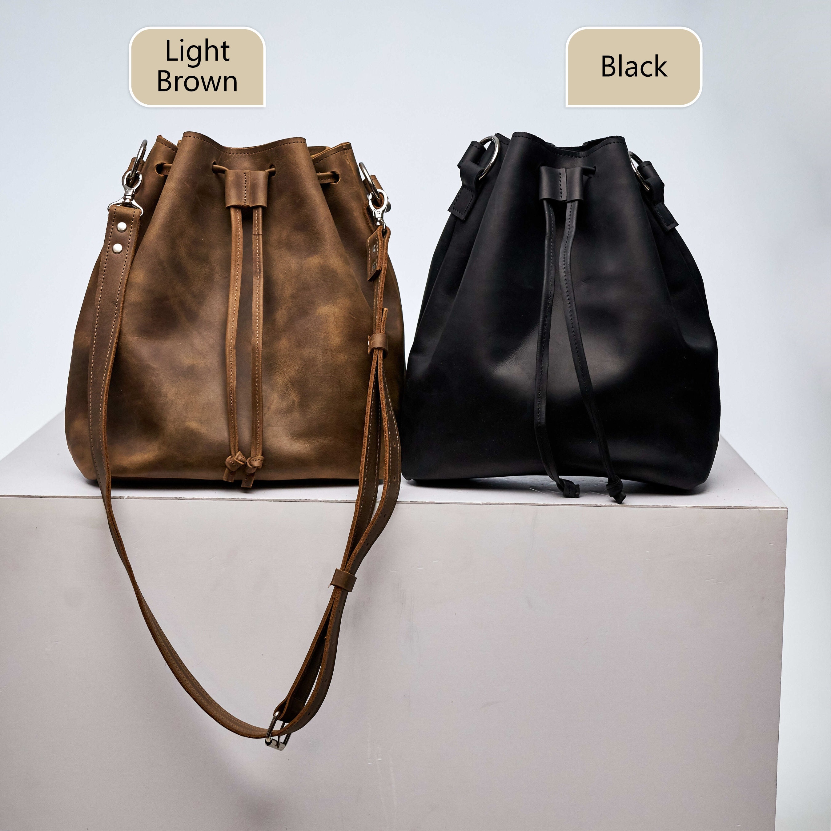 Womens Leather Drawstring Bag, Crossbody Leather Bucket Bag, Drawstring ...