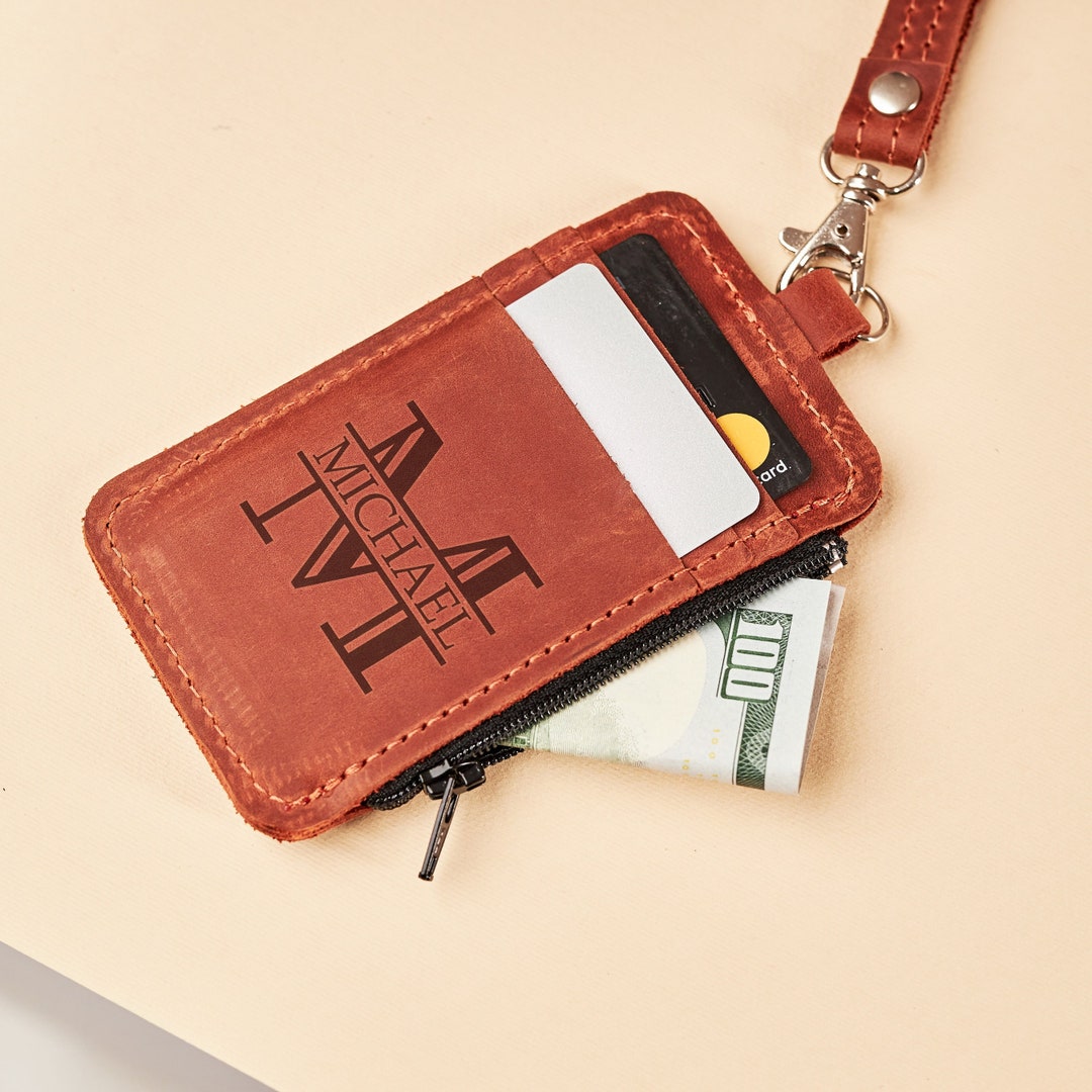 Personalized Leather Lanyard Wallet, Custom Id Badge Holder Leather ...