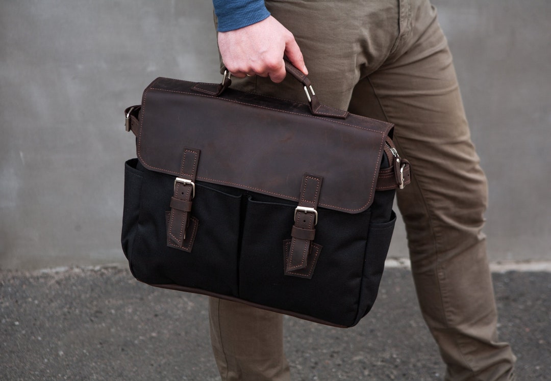 Canvas Leather Briefcase Men, Handmade Messenger Bag, Laptop Messenger ...