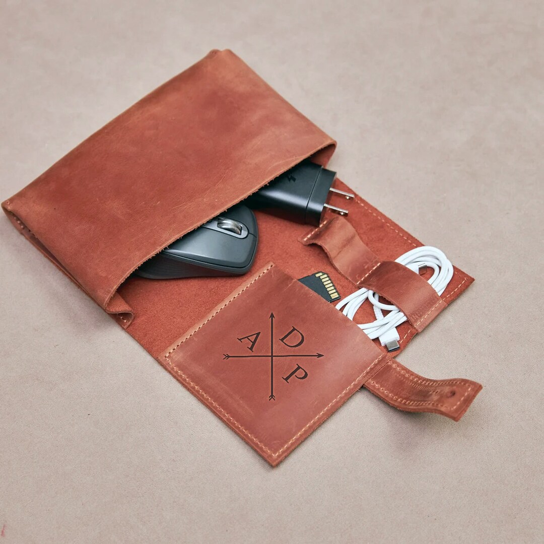 Custom Leather Charger Organizer Bag, Personalized Cord Organizer ...