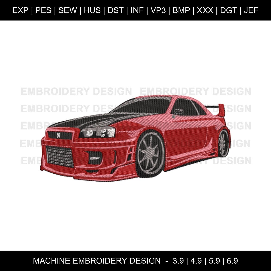 Red Nissan Skyline R34 GTR Embroidery Designs, Red Sport Car Embroidery ...