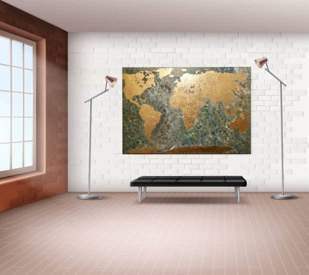 Ready World Map Painting, Gold Leaf World Map Painting, Large World Map ...
