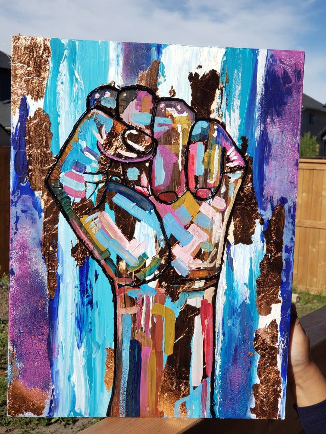 Solidarity Unity Support Fist Painting Mixed Media Copper Leaf Textured ...