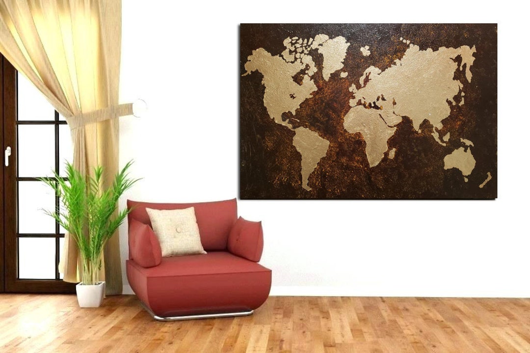 World Map Painting, Gold Leaf World Map Painting, Large World Map Art ...