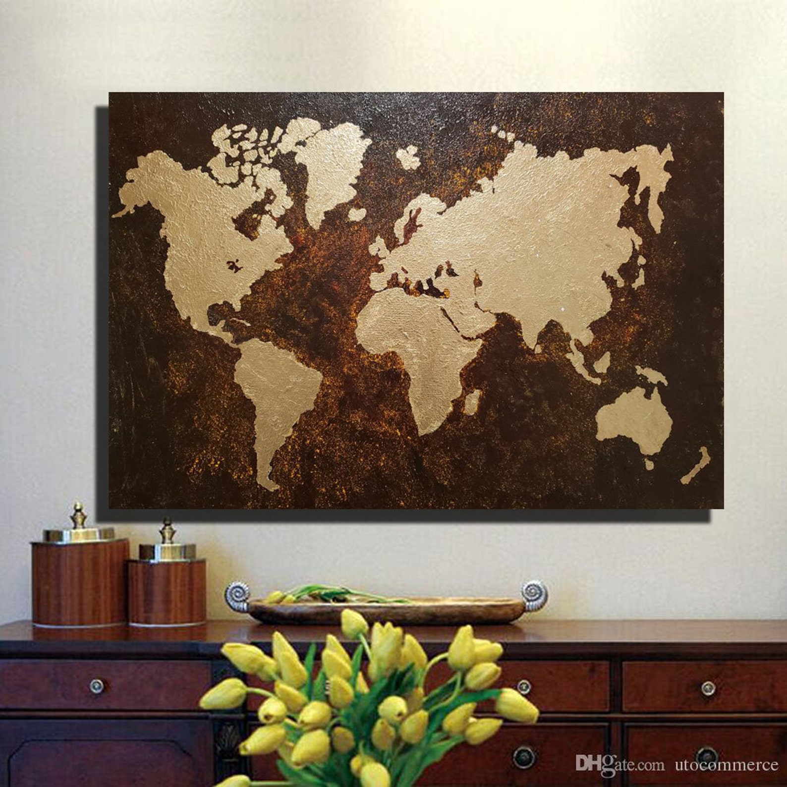 World Map Painting, Gold Leaf World Map Painting, Large World Map Art ...