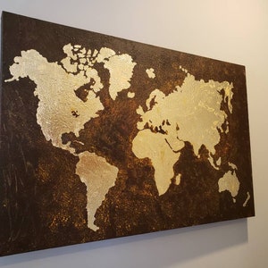 World Map Painting, Gold Leaf World Map Painting, Large World Map Art ...