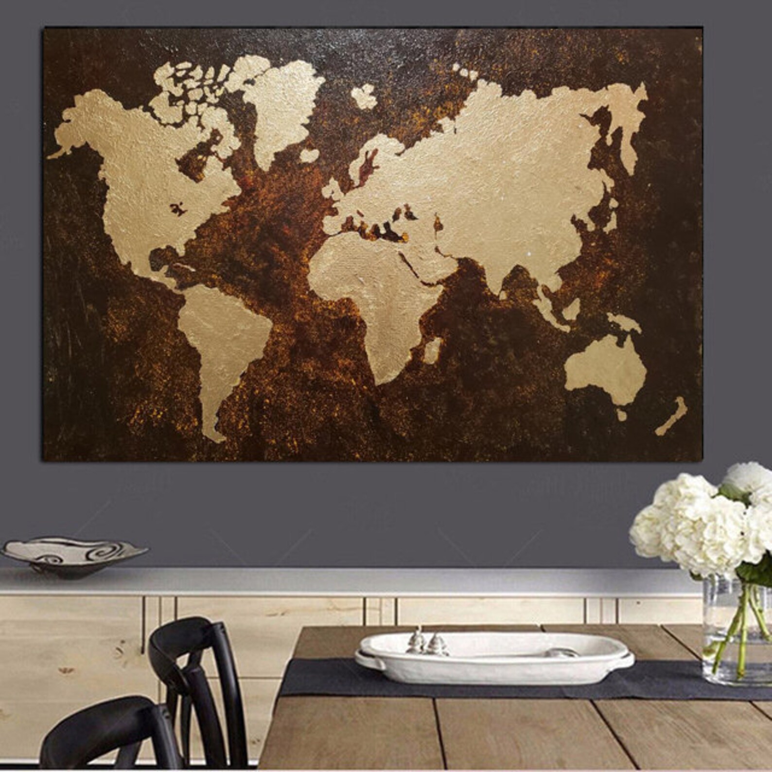 World Map Painting, Gold Leaf World Map Painting, Large World Map Art ...