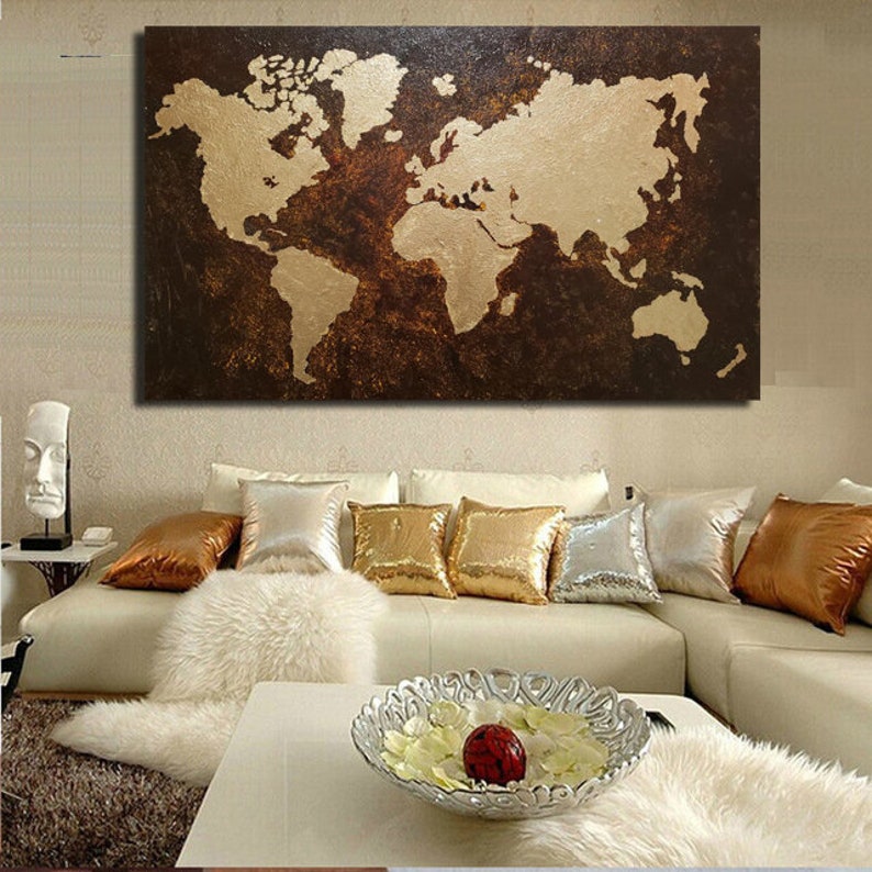 World Map Painting, Gold Leaf World Map Painting, Large World Map Art ...