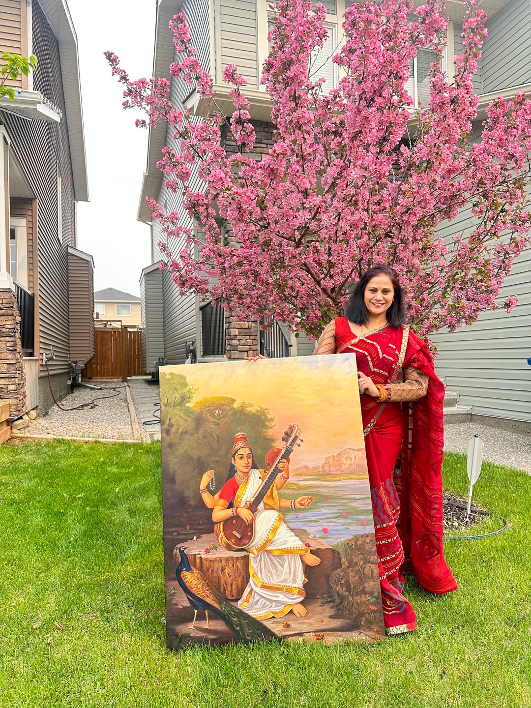 Ready Hand Painted Maa Saraswati Oil Painting, Copy of Raja Ravi Varma ...