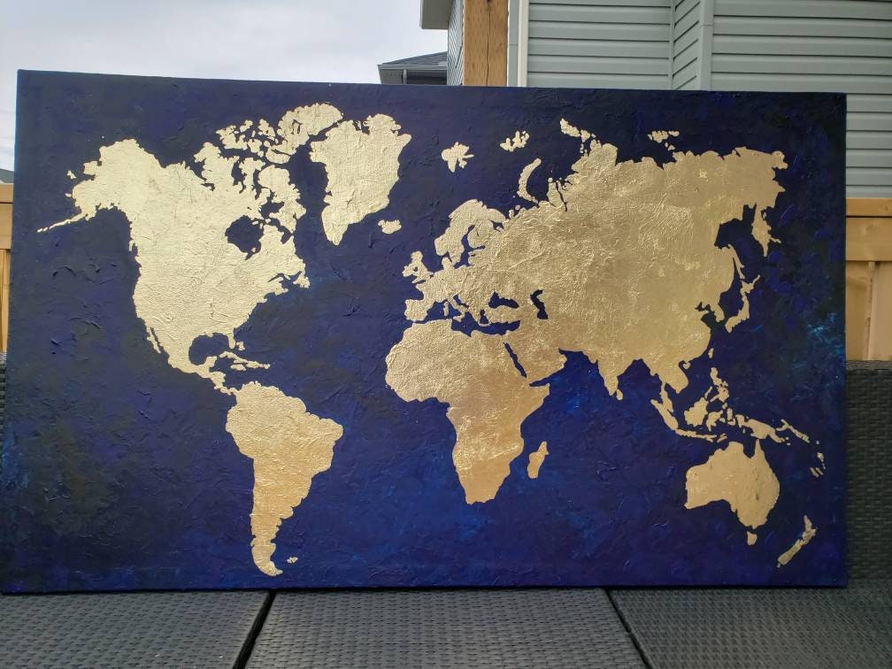 Handmade Original Painting, World Map Painting, Gold Leaf World Map ...