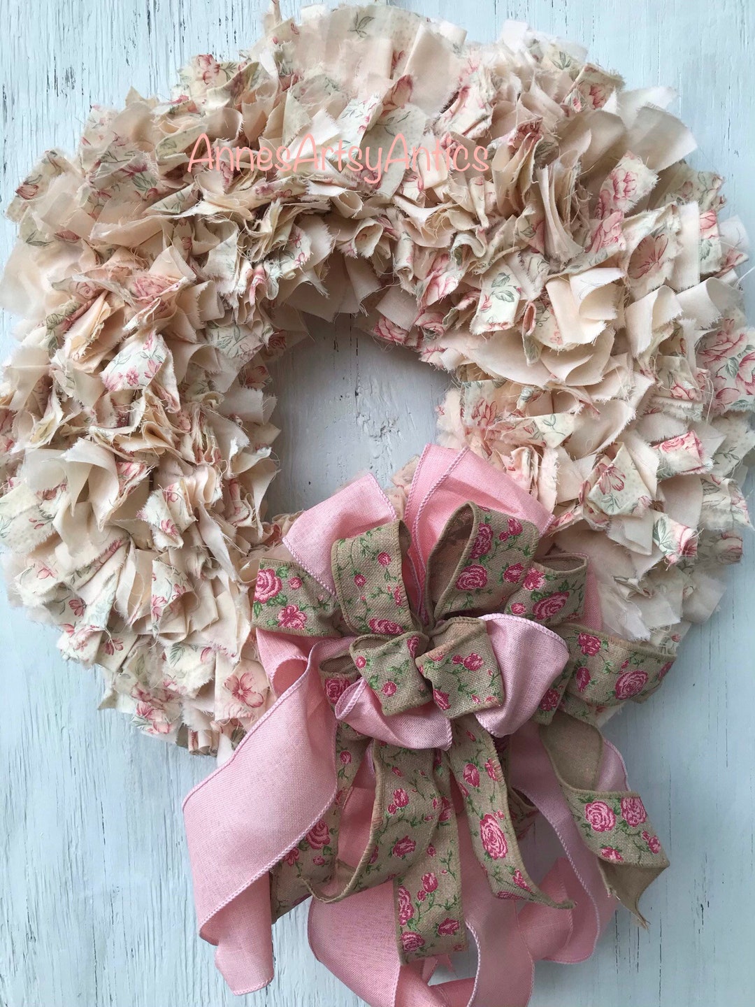 Rag Wreath-handmade Rag Wreath-boho Chic Rag Wreath-peachy Roses Rag ...
