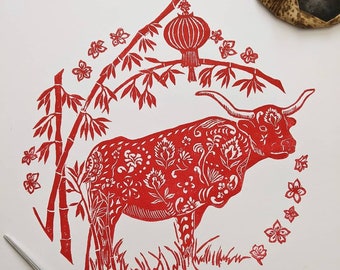 Ox Hand Pulled Woodblock Print Year of the Ox - Etsy