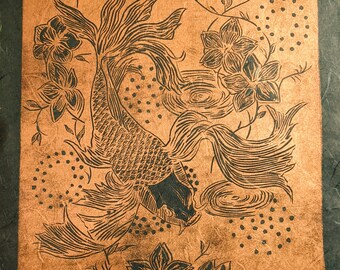 Hand Carved Block Print of Koi Fish and Waves - Etsy