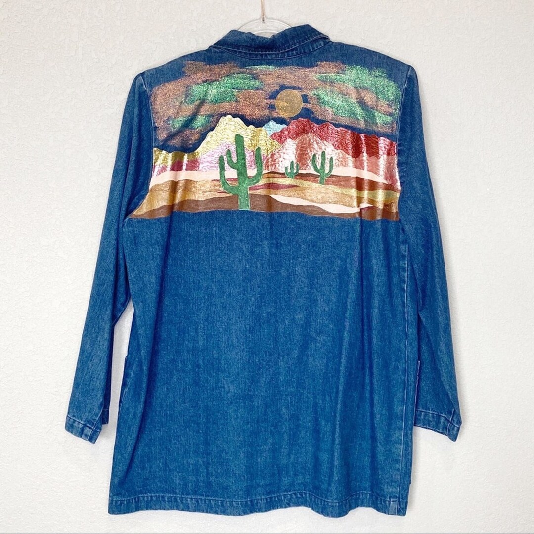 Vintage Hand Painted Desert Scene Denim Boyfriend Blazer Jean Jacket ...