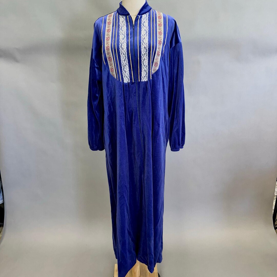 Vintage 70s at Homewear by Sears Blue Velvet Long House Coat Size ...