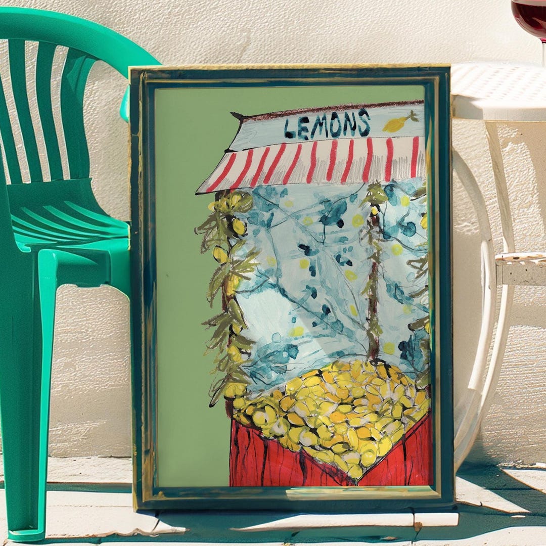 Lemon Market Stall Illustrated Art Print, Lemons Art Print, Bright ...