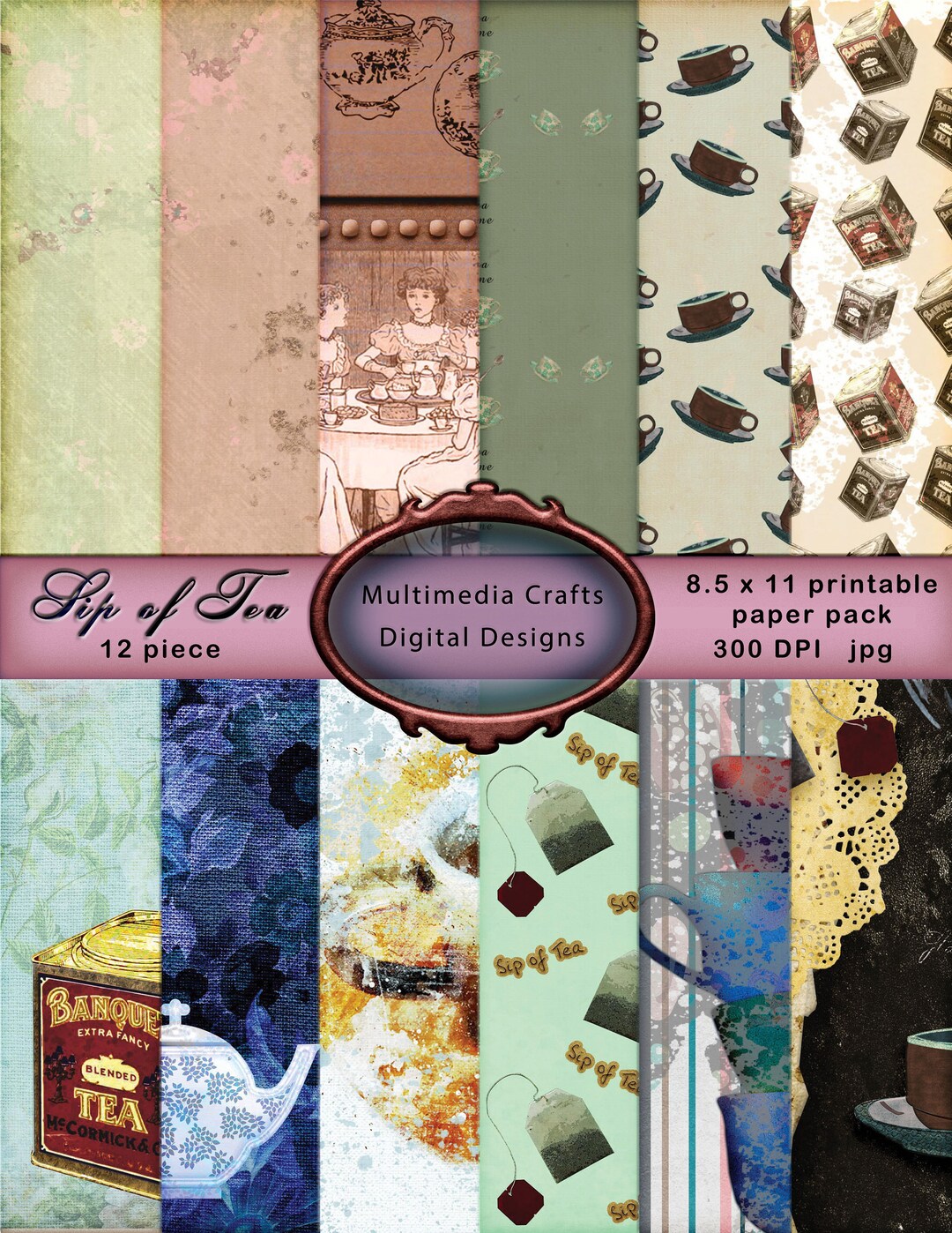 8.5 X 11" Sip of Tea Digital Paper Kit. Commercial Use. Photography ...