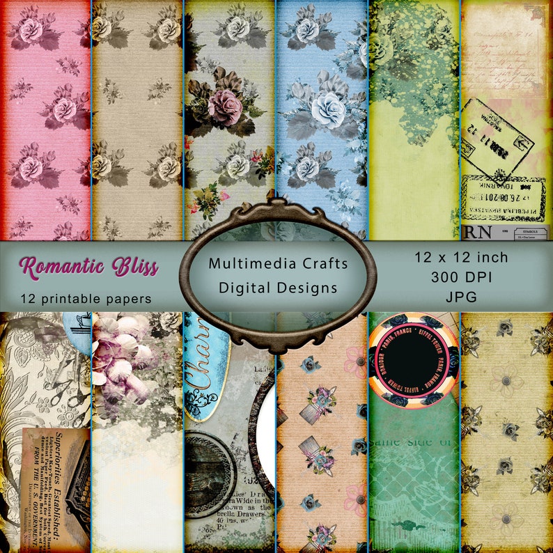 Romantic Floral Digital Paper Pack, Vintage Scrapbook (12x12 ...